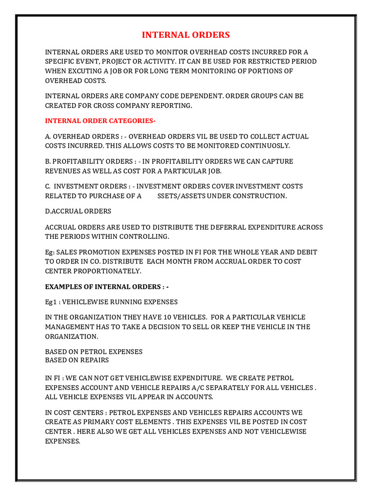 Internal Orders Management Guide | PDF | Expense | Cost
