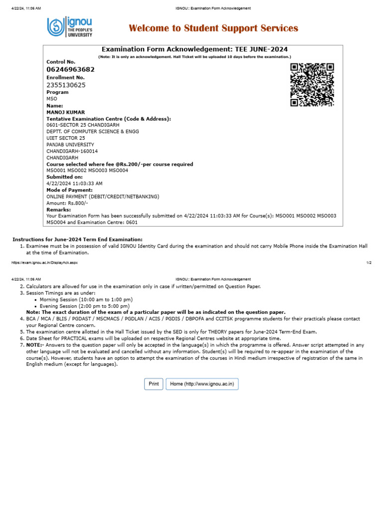 IGNOU - Examination Form Acknowledgement | PDF