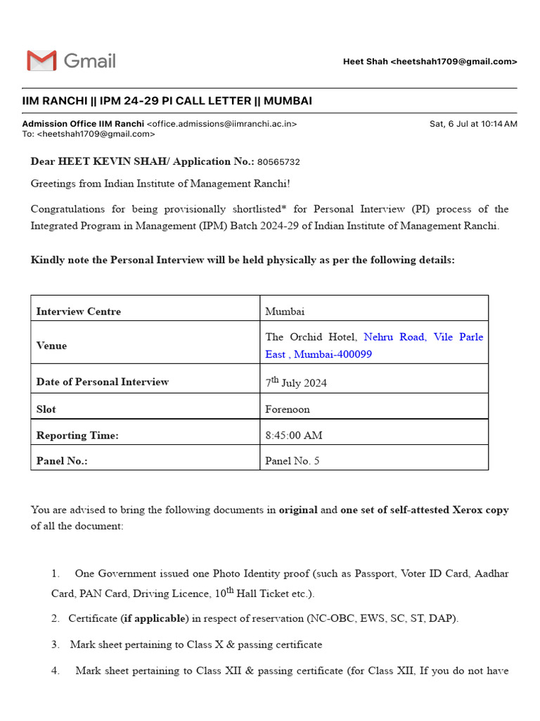 Iim Ranchi - Ipm 24-29 Pi Call Letter - Mumbai 2 | PDF | Government And ...