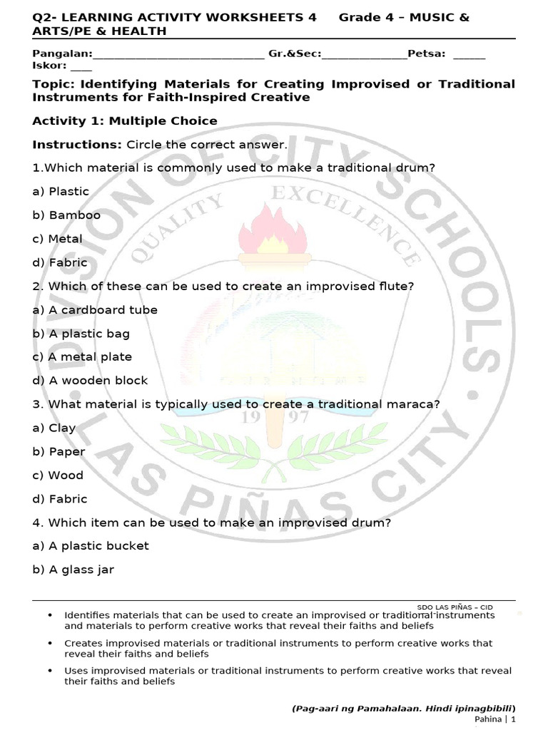 Grade 4 Music & Arts Activity Worksheets | PDF | Musical Instruments