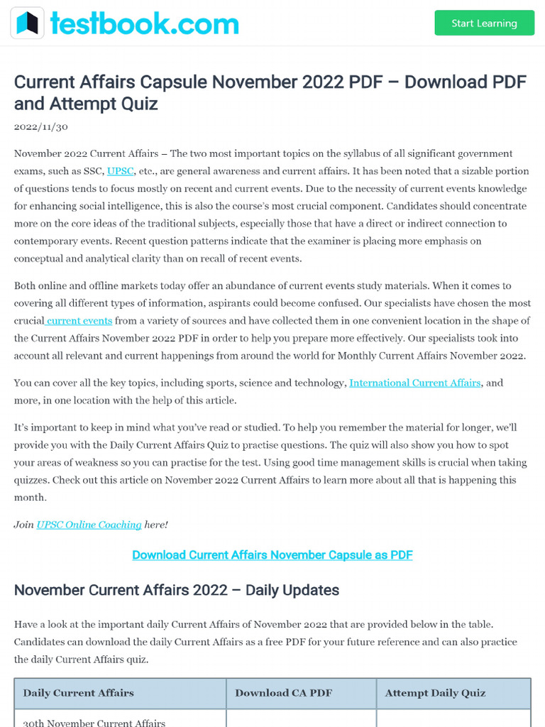 Monthly Current Affairs PDF November 2022 | PDF