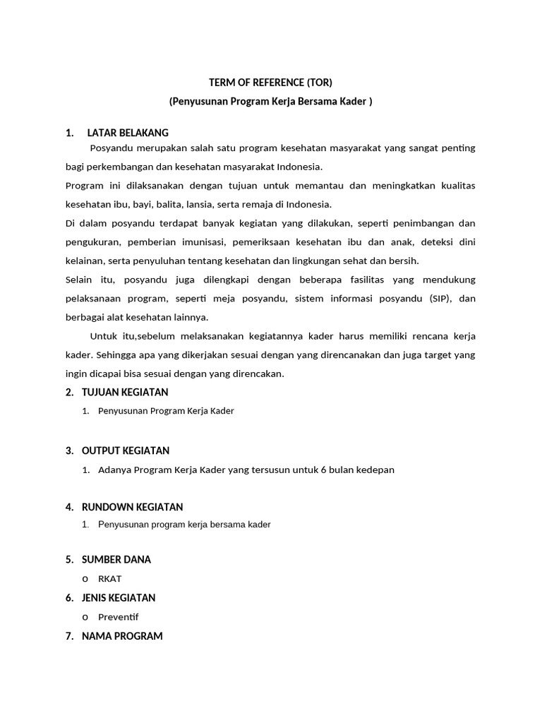 TERM OF REFERENCE Rencana Kerja KAder Juli 2024 | PDF