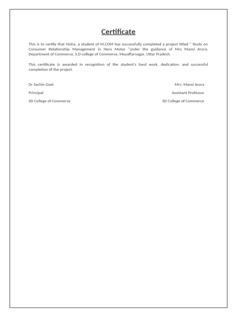 M.COM Project Completion Certificate | PDF