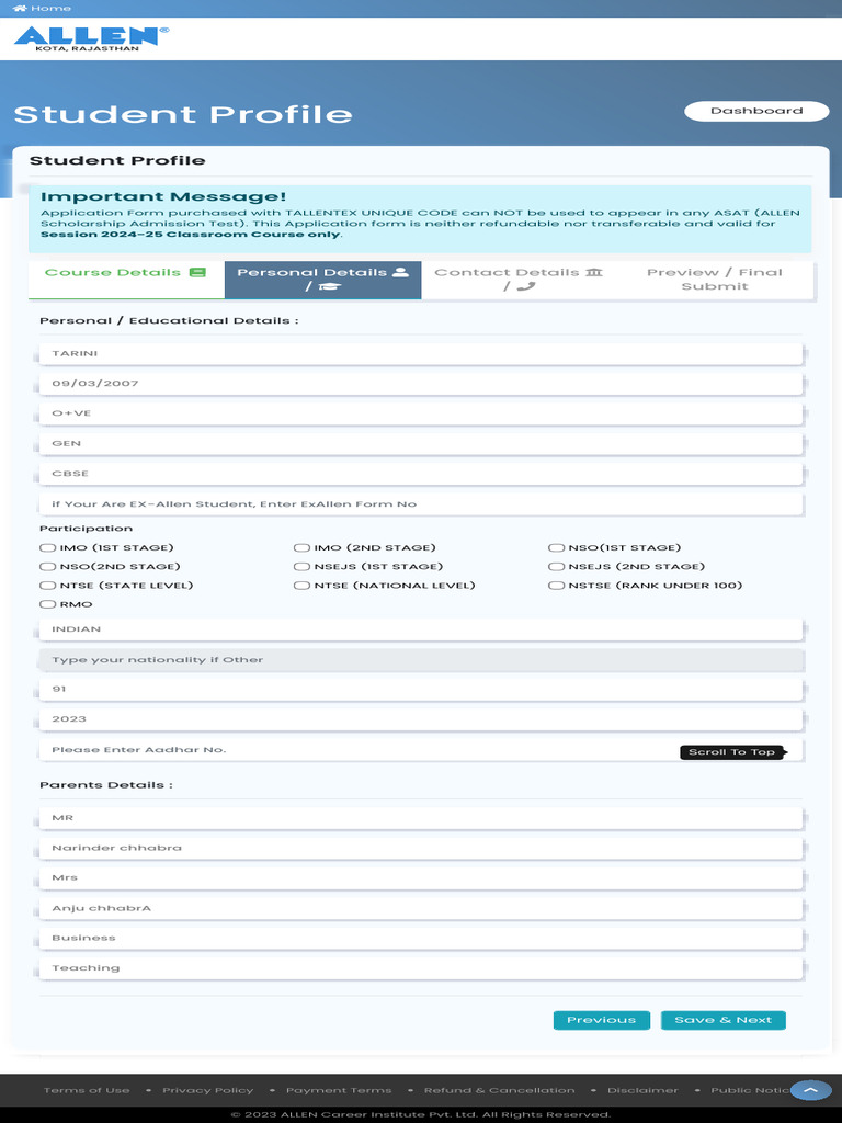 Allen Application Form 2024-25 | PDF
