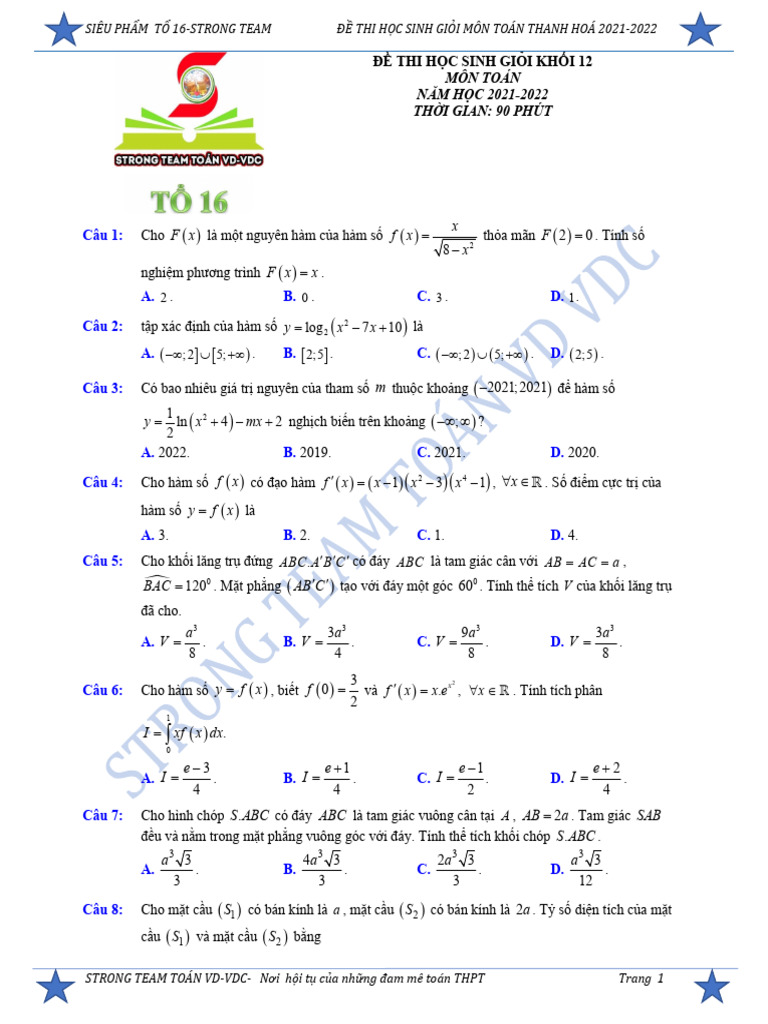 ĐỀ-ĐÁP ÁN CHI TIẾT HSG THANH HOÁ 2021-2022 | PDF