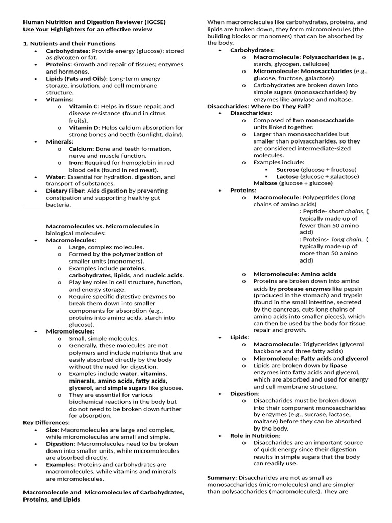 Human Nutrition and Digestion Reviewer | PDF | Digestion | Carbohydrates