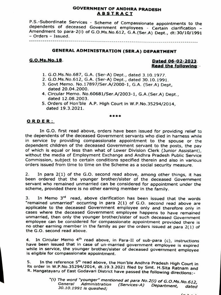 Amendment to G.O. Ms. No. 18 on Compassionate Appointments | PDF