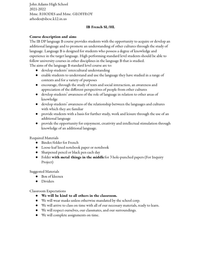 IB French SL/HL Course Syllabus 2021-22 | PDF | Plagiarism | Cognition