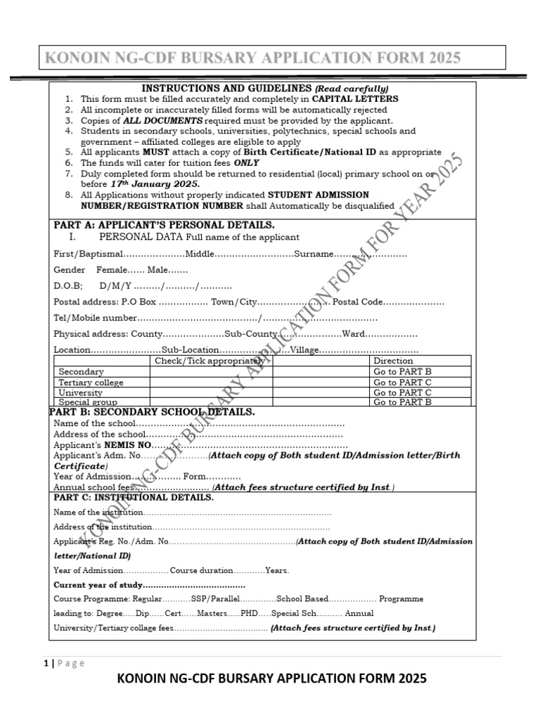 Konoin NG-CDF Bursary Form 2025 | PDF