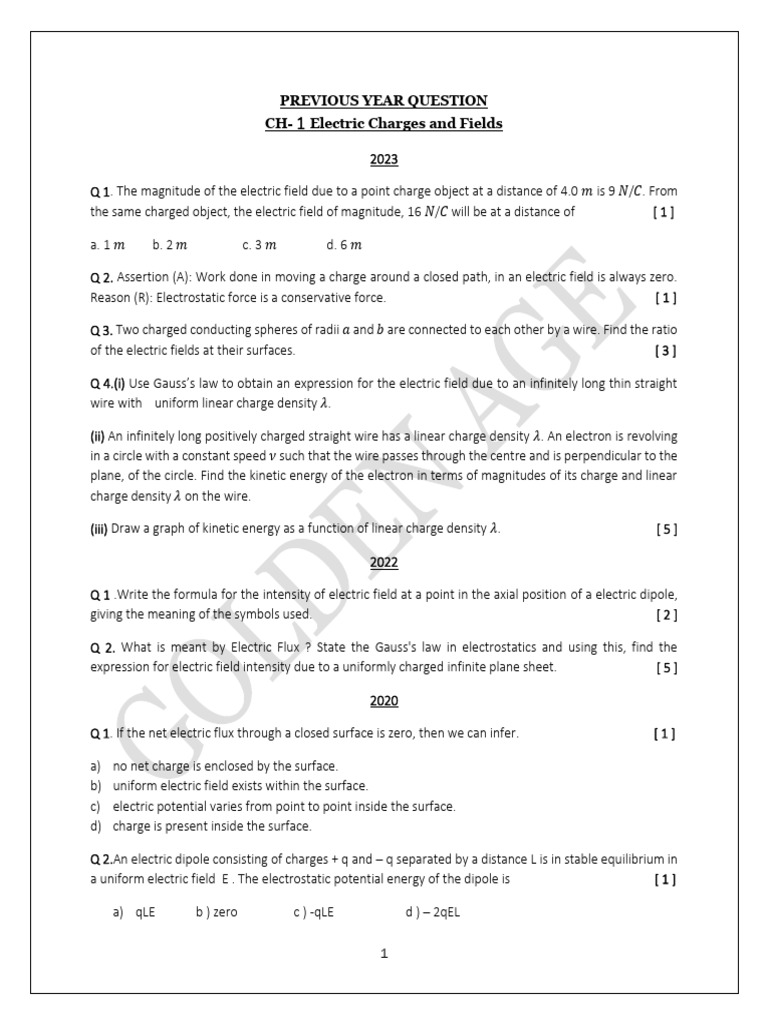 CH - 1 Electric Charges and Fields PYQ | PDF | Electric Field | Electrostatics