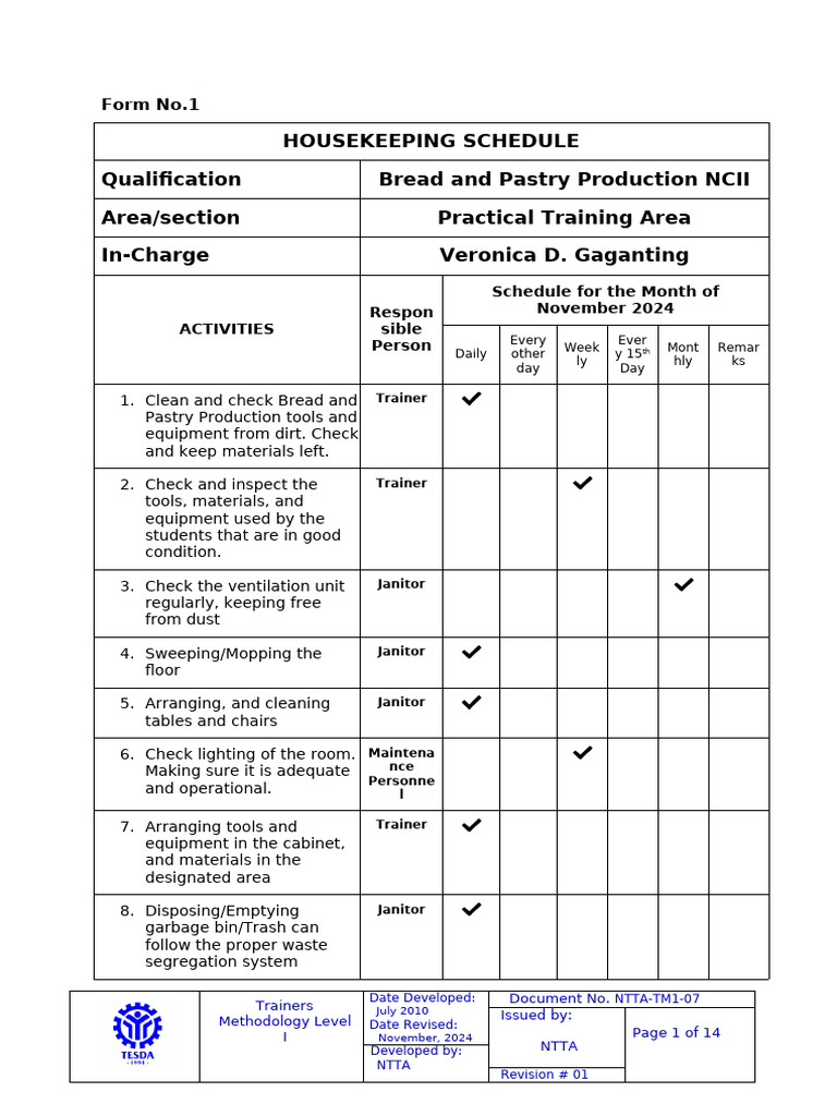 a1-Housekeeping Schedule | PDF | Housekeeping | Safety