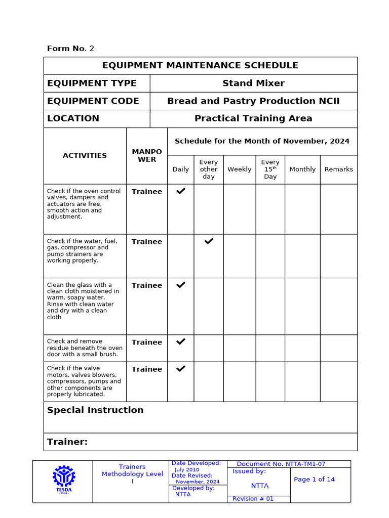 Equipment Maintenance Schedule 2024 | PDF