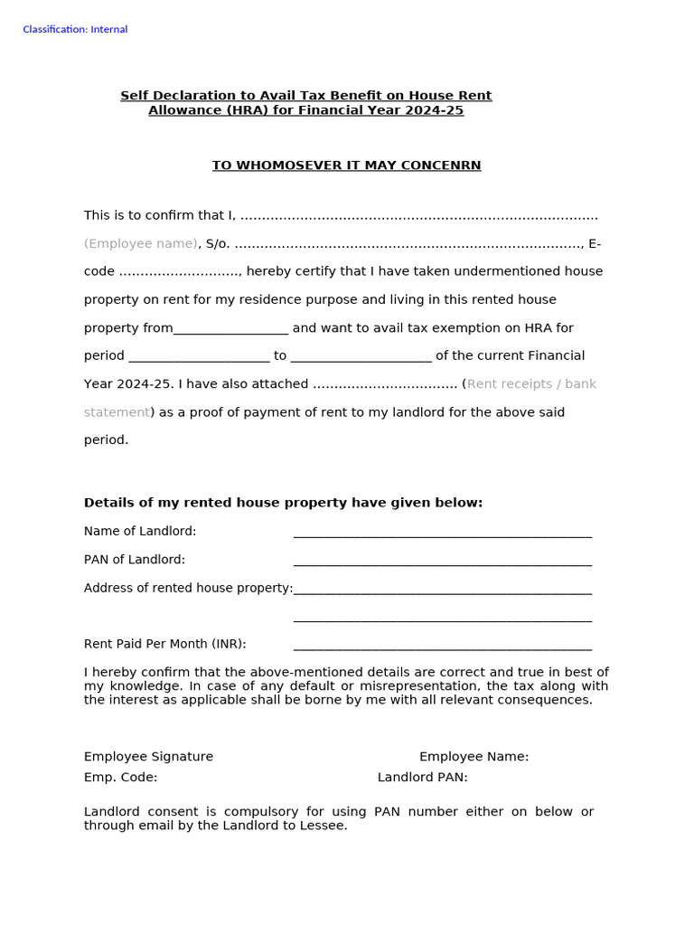 1B. Self Declaration To Avail Tax Benefit On House Rent Allowance | PDF