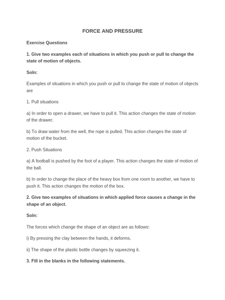 Class 8 Force and Pressure Exercises | PDF | Force | Rocket