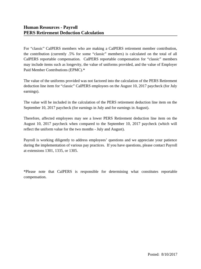 PERS Retirement Deduction Calculation | PDF