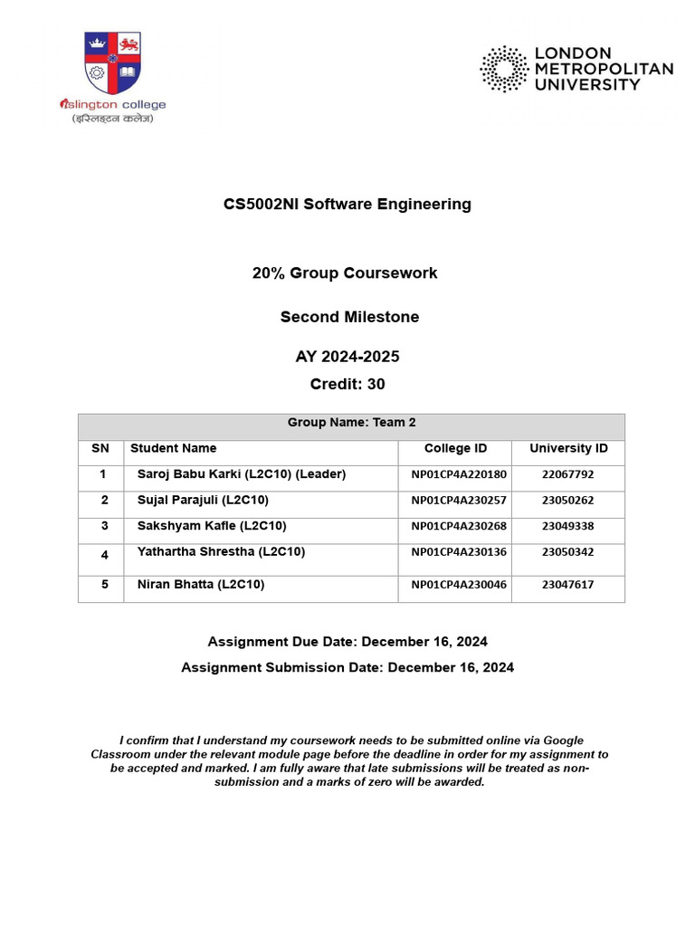 CS5002NI Software Engineering Milestone | PDF | Computer Science ...