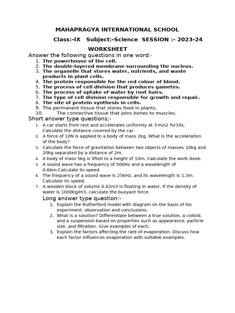 Worksheet Class 9 Science | PDF
