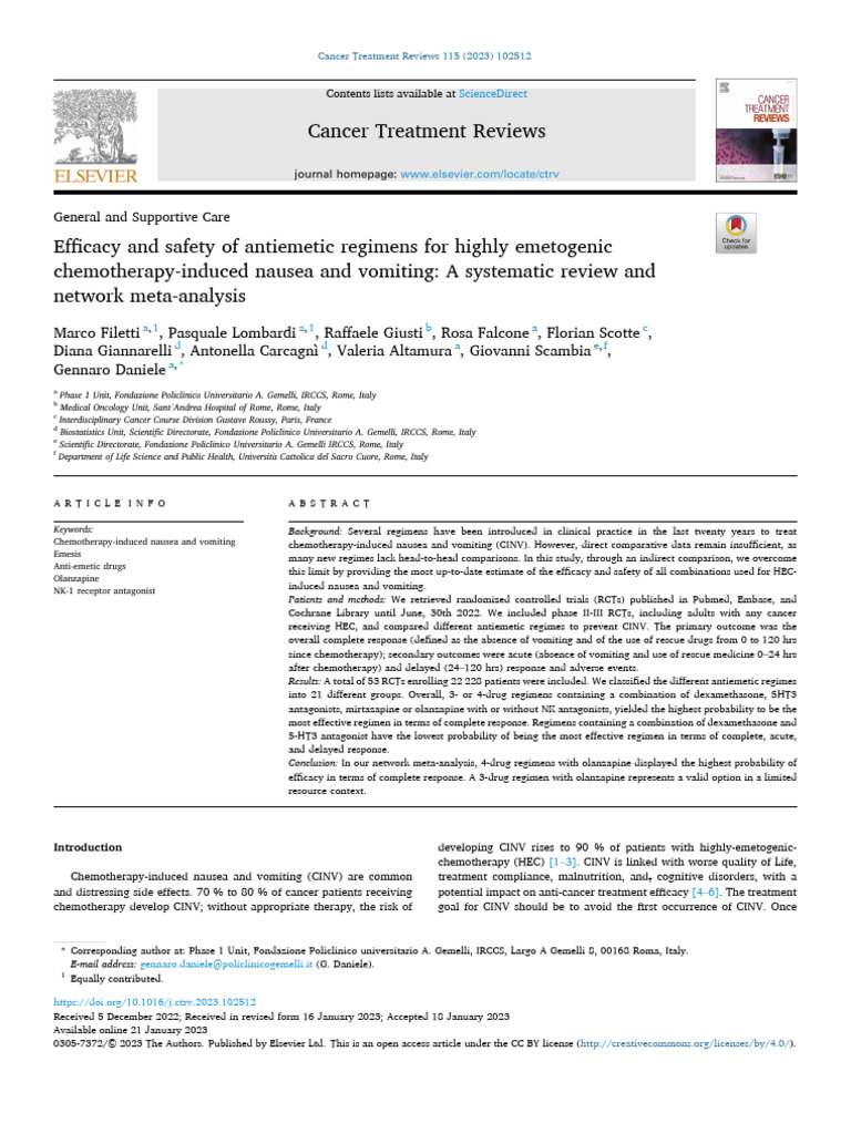 Efficacy and safety of antiemetic regimens for highly emetogenic ...