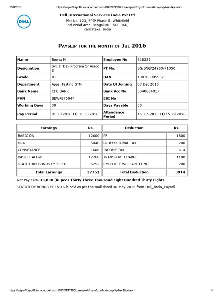 Dell Payslip for July 2016 | PDF | Taxes | Government Finances