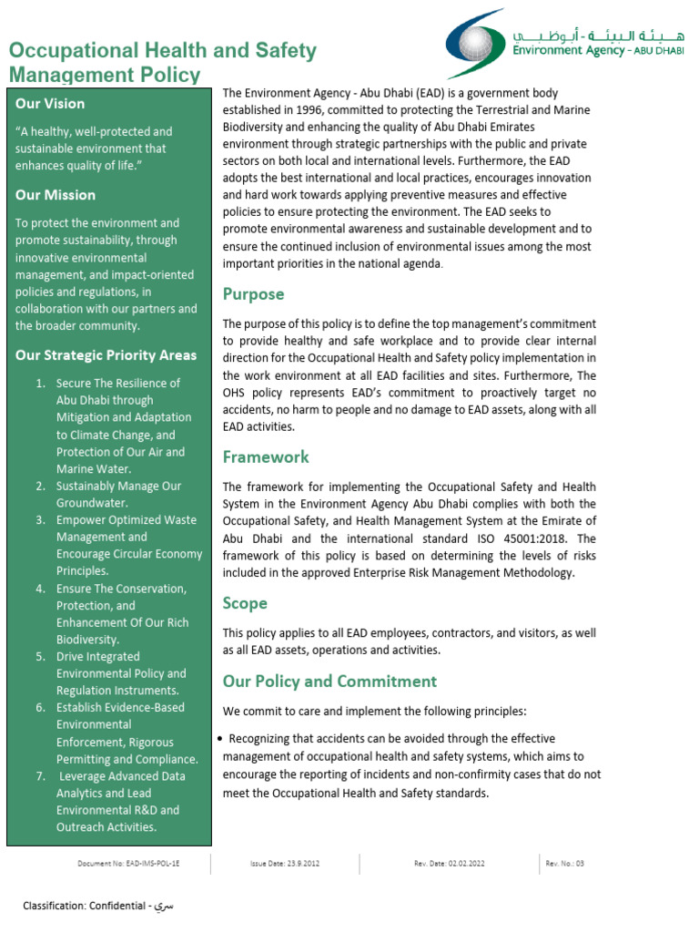 EADIMSPOL1E Occupational Health and Safety Policy | PDF | Occupational ...