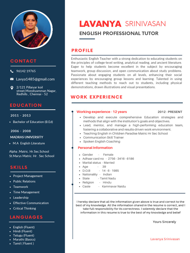 English Tutor Resume - Lavanya Srinivasan | PDF | Learning