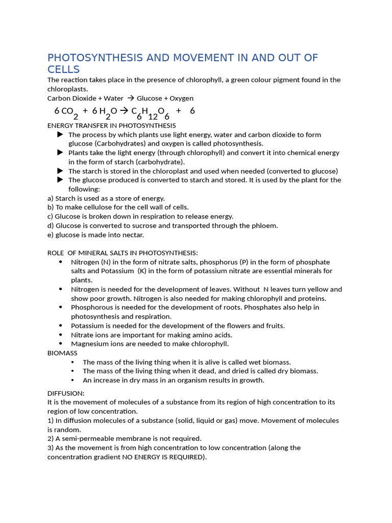 Photosynthesis and Cell Movement Explained | PDF | Osmosis | Diffusion