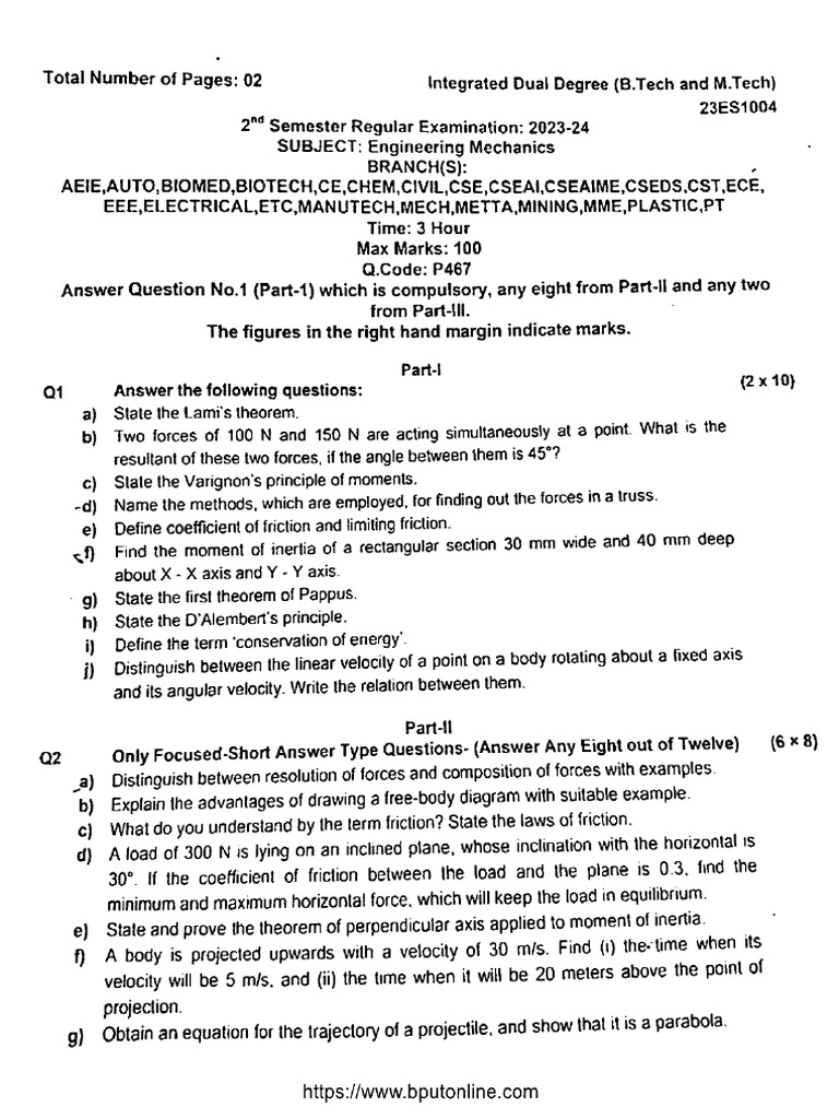 Btech Mtech 2 Sem Engineering Mechanics 23es1004 2024 | PDF