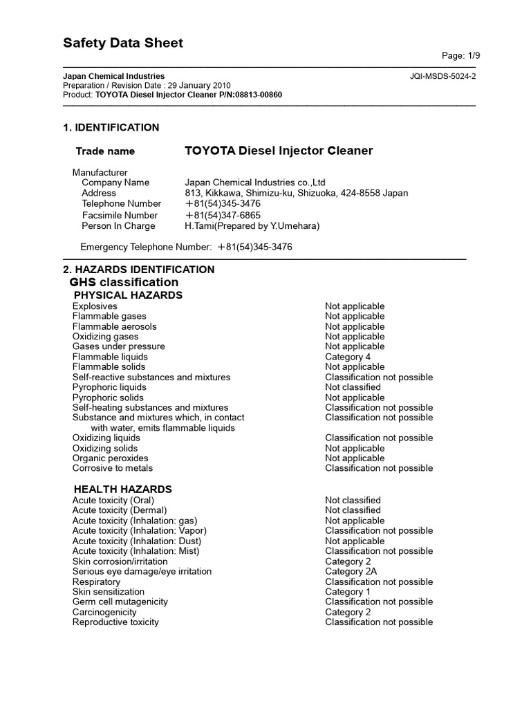 Toyota Diesel Injector Cleaner SDS | PDF | Toxicity | Firefighting