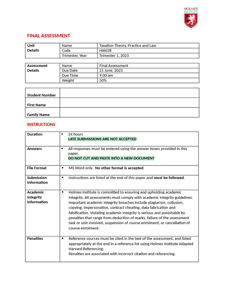 1754 HI6028 Final Assessment T1 2023 | PDF | Capital Gain | Taxes