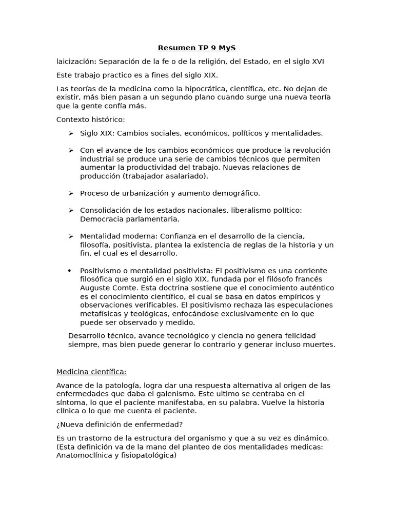 Resumen TP 9 MyS | PDF | Positivismo | Patología