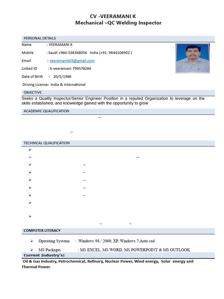 CV of Mr. Veeramani K - QC - Welding Inspector | PDF | Pipe (Fluid ...