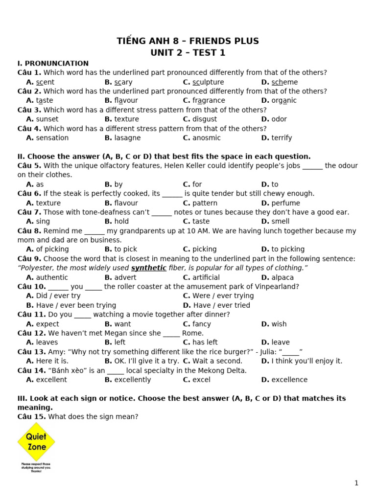 English 8 Unit 2 Test 1 Exercises | PDF | Odor | Perception