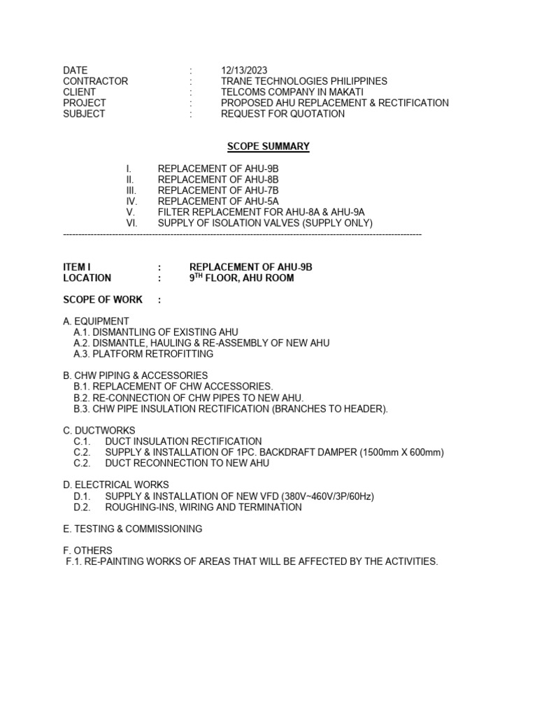 SCOPE OF WORK REV2 | PDF | Duct (Flow) | Engineering Thermodynamics