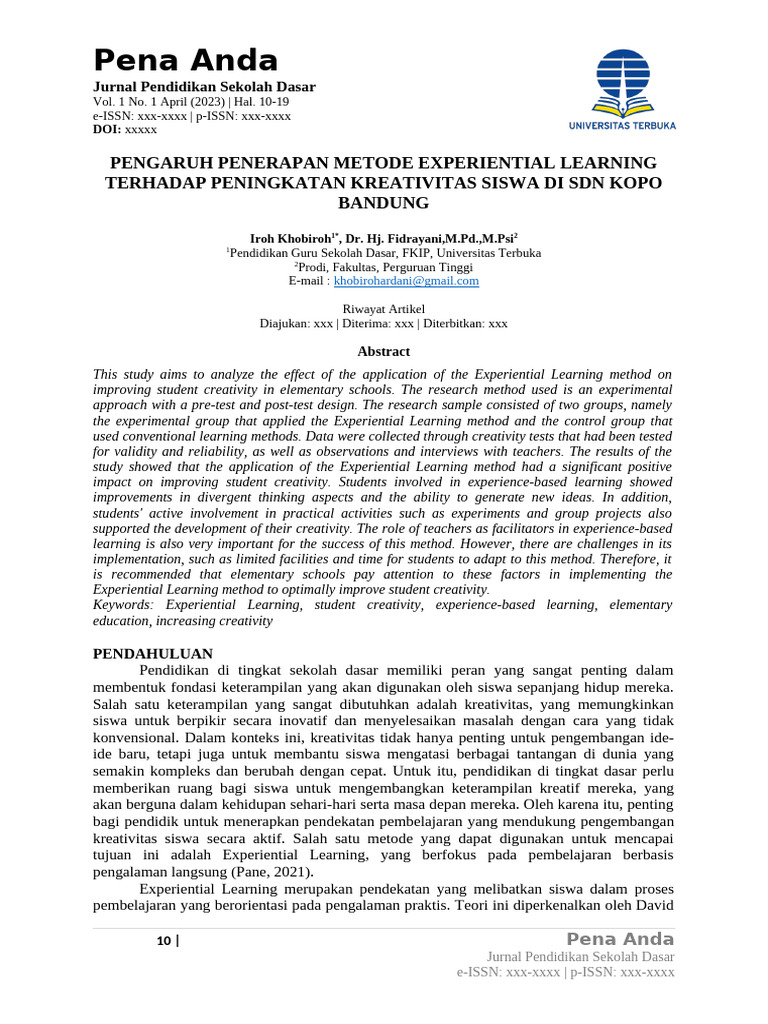 Pengaruh Penerapan Metode Experiential Learning Terhadap Peningkatan Kreativitas Siswa Di SDN ...