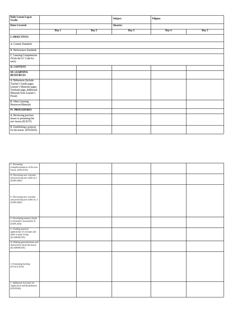 Filipino Daily Lesson Log Template | PDF