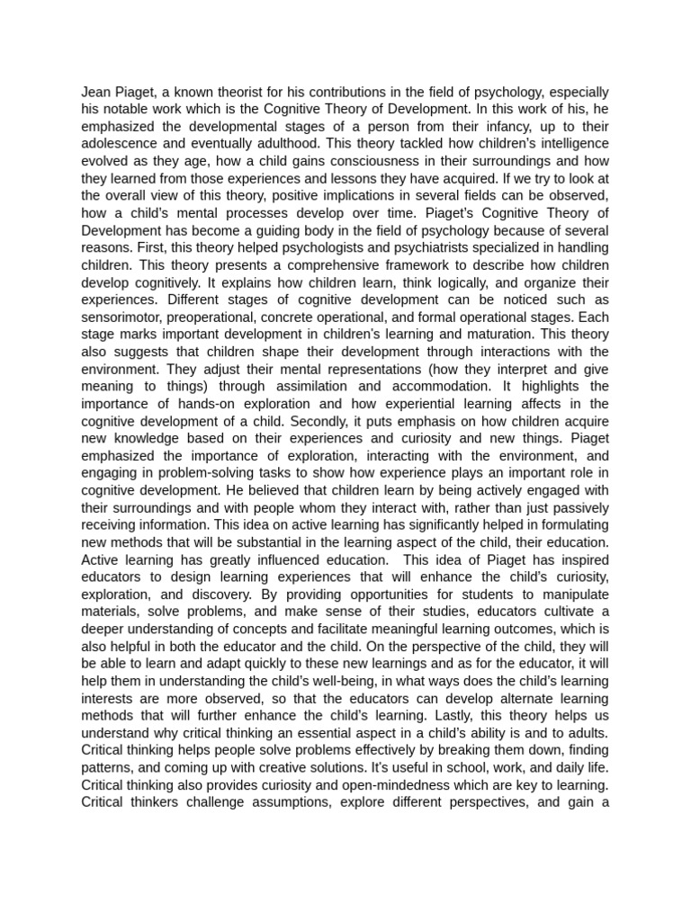Jean Piaget - Critique Paper | PDF | Cognitive Development | Learning