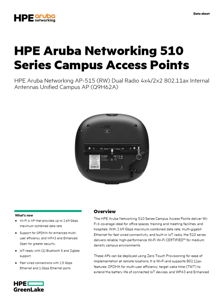 HPE Aruba Networking AP-515 (RW) Dual Radio 4x42x2 802.11ax Internal Antennas Unified Campus AP ...