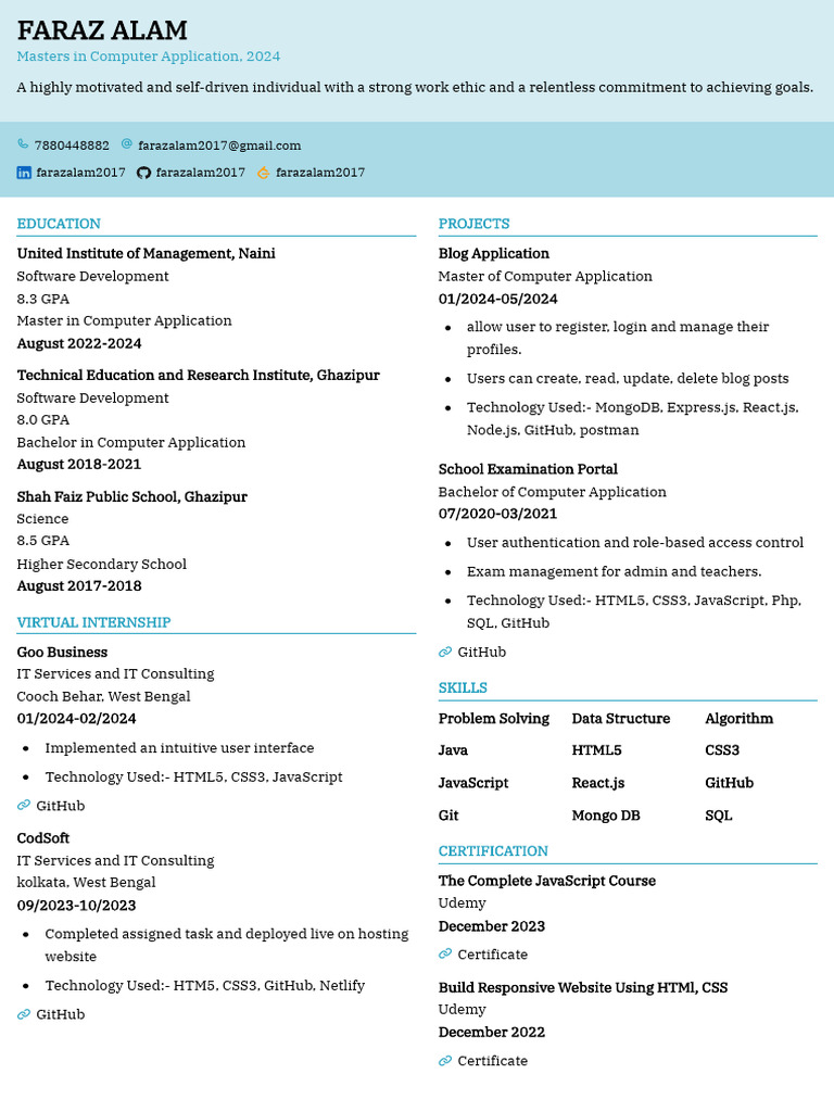 Faraz Alam: MCA Graduate & Developer | PDF | Java Script | Html5