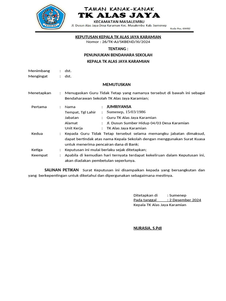 SK - Bendahara TK AJ 2024 | PDF