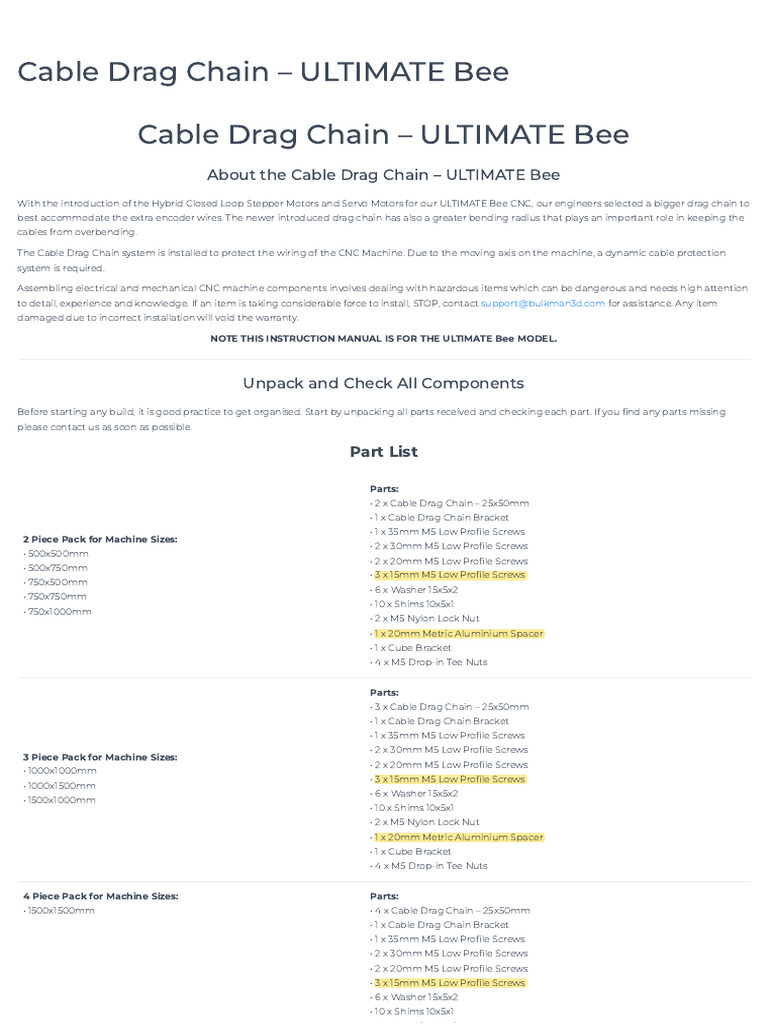 ULTIMATE Bee CNC Cable Drag Chain Guide | PDF | Screw | Nut (Hardware)