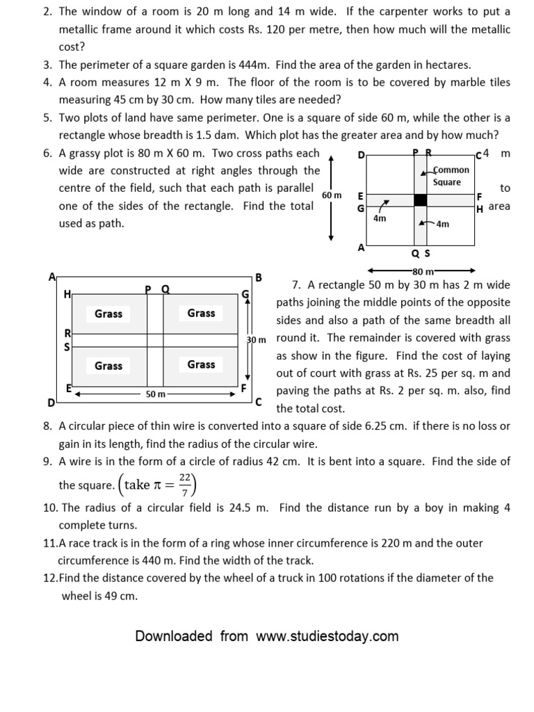 Area and Perimeter Problems for Class 7 | PDF | Rectangle | Area