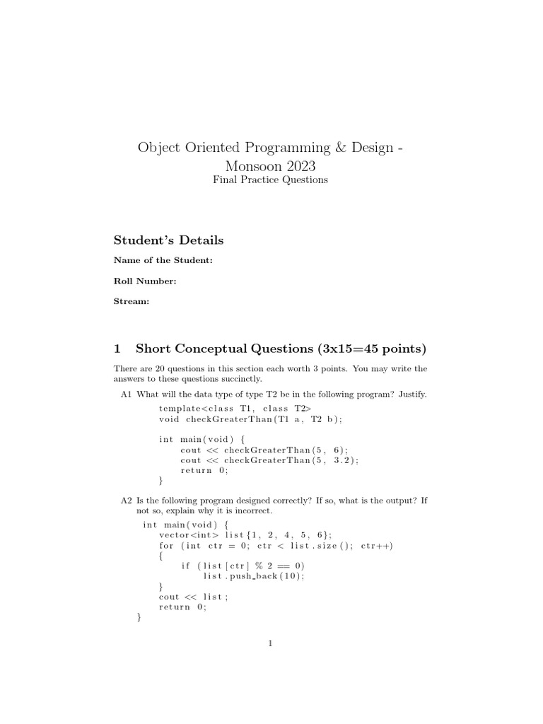 Practice Questions For OOPD 23F 2 | PDF | Computer Engineering | Programming Paradigms