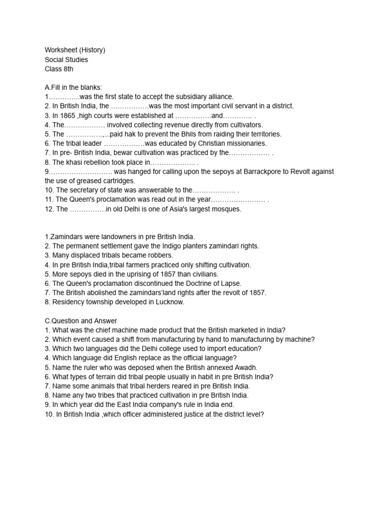 8th His.worksheet | PDF