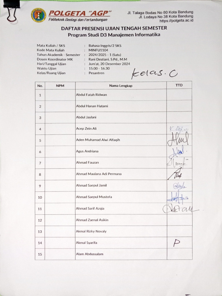 Absensi Uts Kelas C | PDF