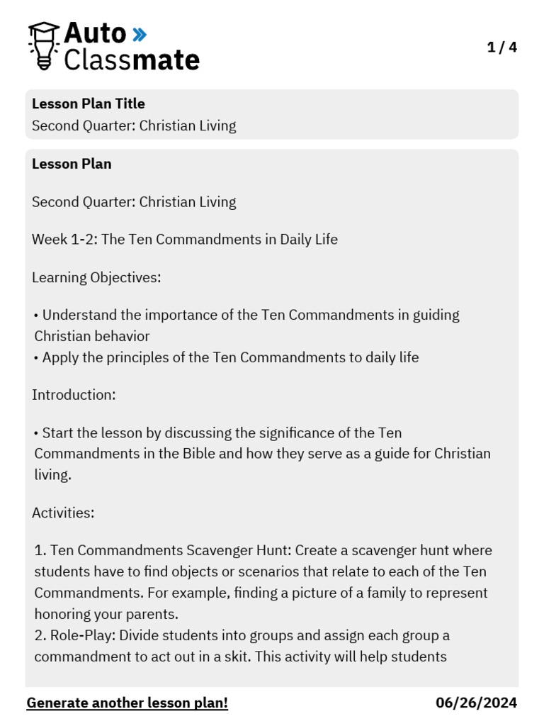 Christian Living Lesson Plan Guide | PDF | Meditation | Self Control