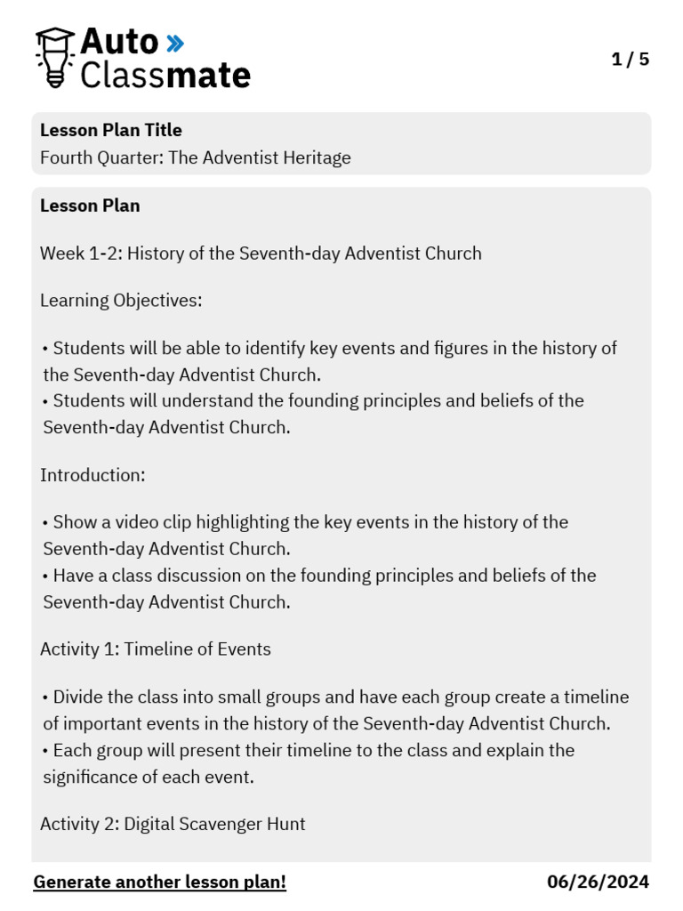 Fourth Quarter_ The Adventist Heritage | PDF | Lesson Plan | Protestant ...