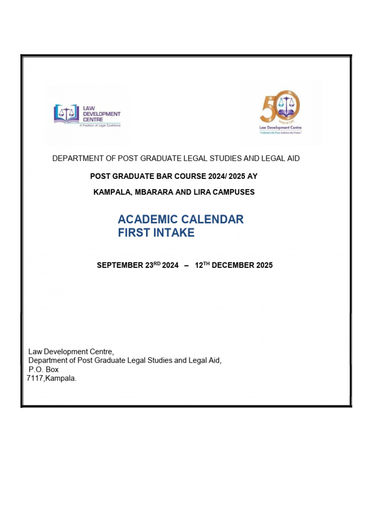 Academic Calendar First Intake Post Graduate Bar Course 2024 2025 Ay ...