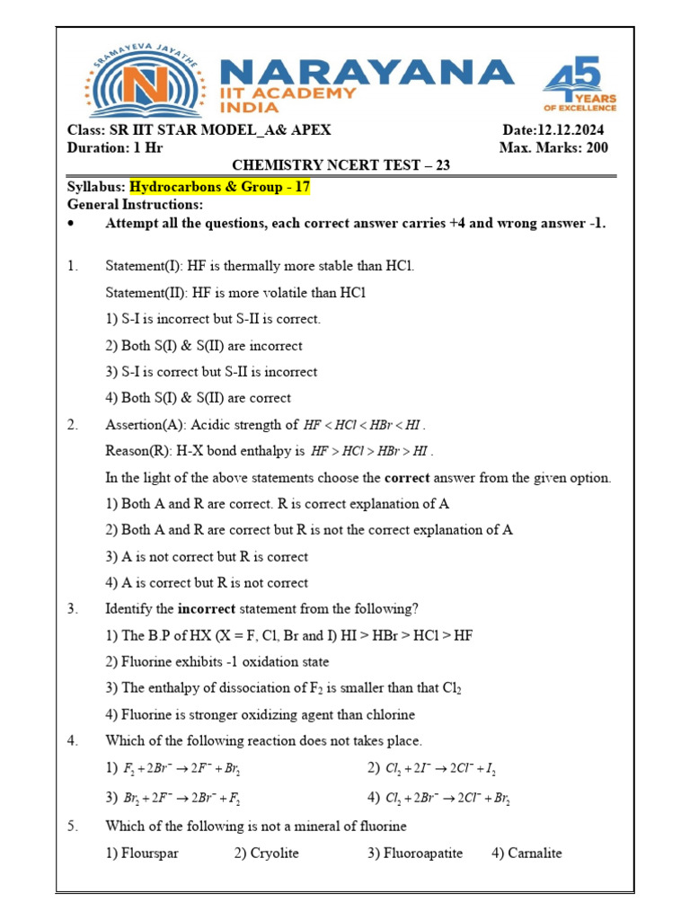 IIT Chemistry Test: Hydrocarbons & Group 17 | PDF | Chlorine | Chemical ...