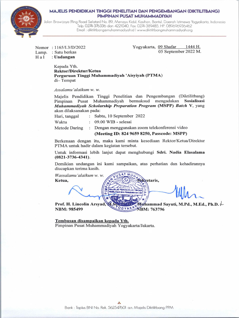 1165. Undangan Sosialisasi MSPP Batch V - Pimpinan | PDF