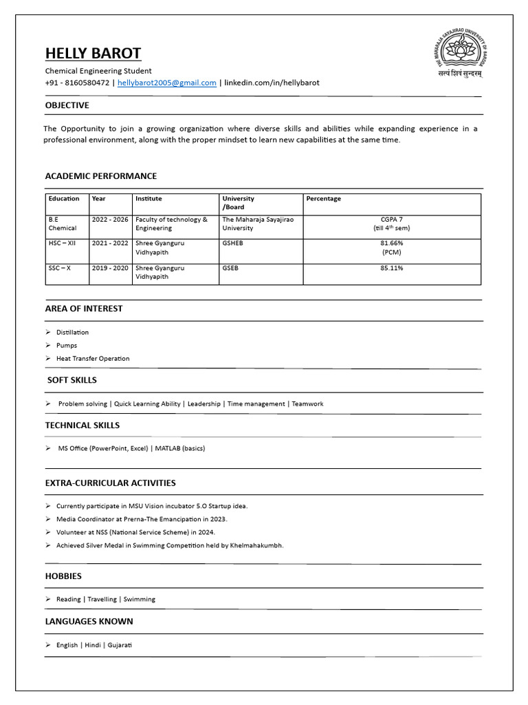 Helly Barot Resume PCBL | PDF
